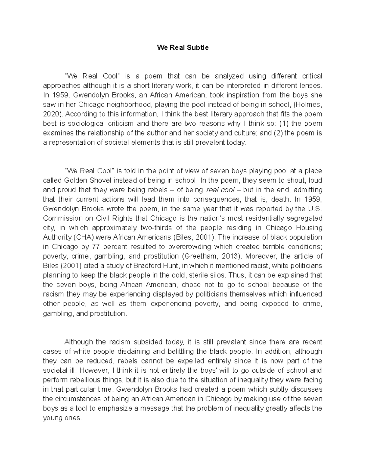 WE REAL Subtle - we real cool poem analysis - We Real Subtle “We Real ...