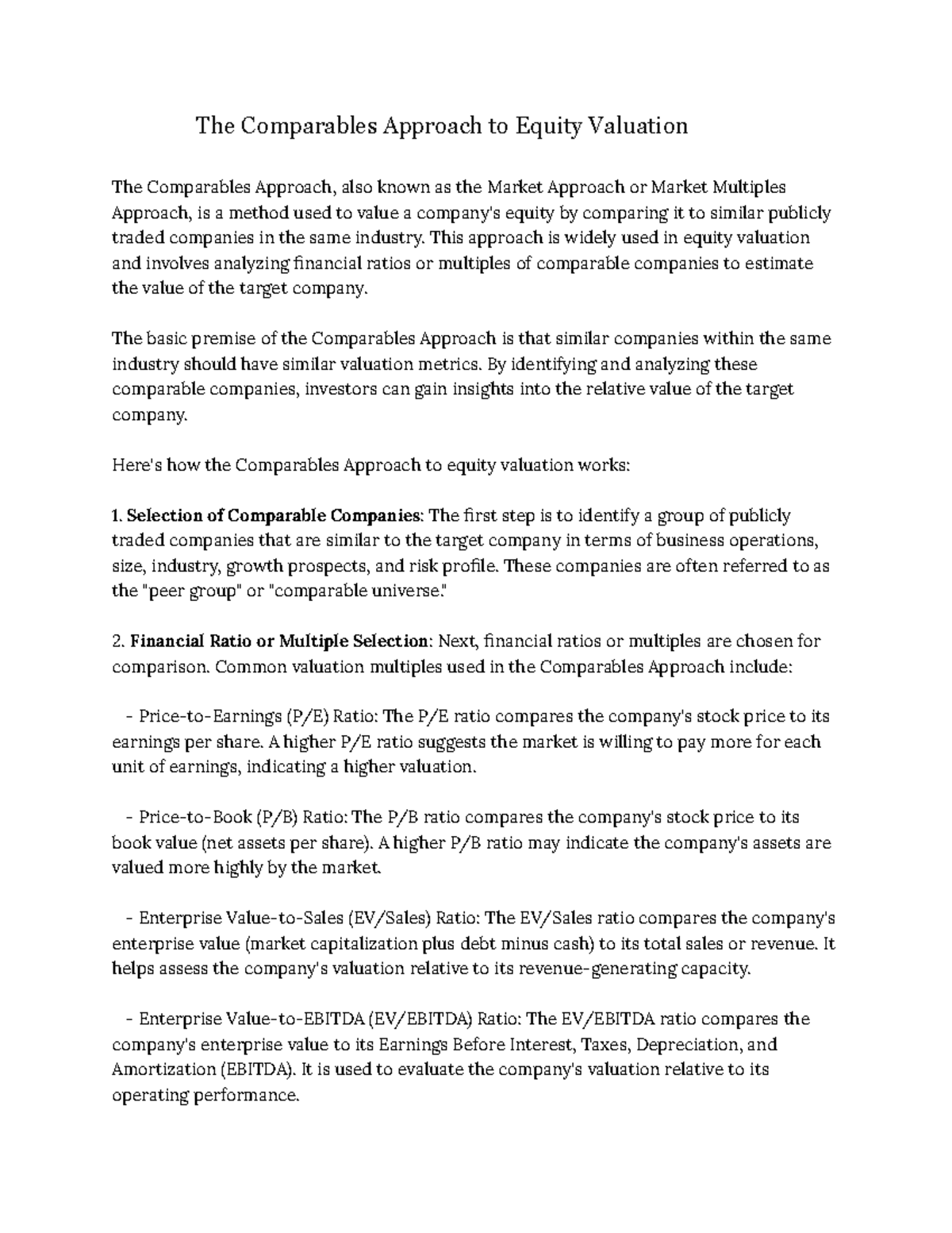 The Comparables Approach to Equity Valuation - This approach is widely ...