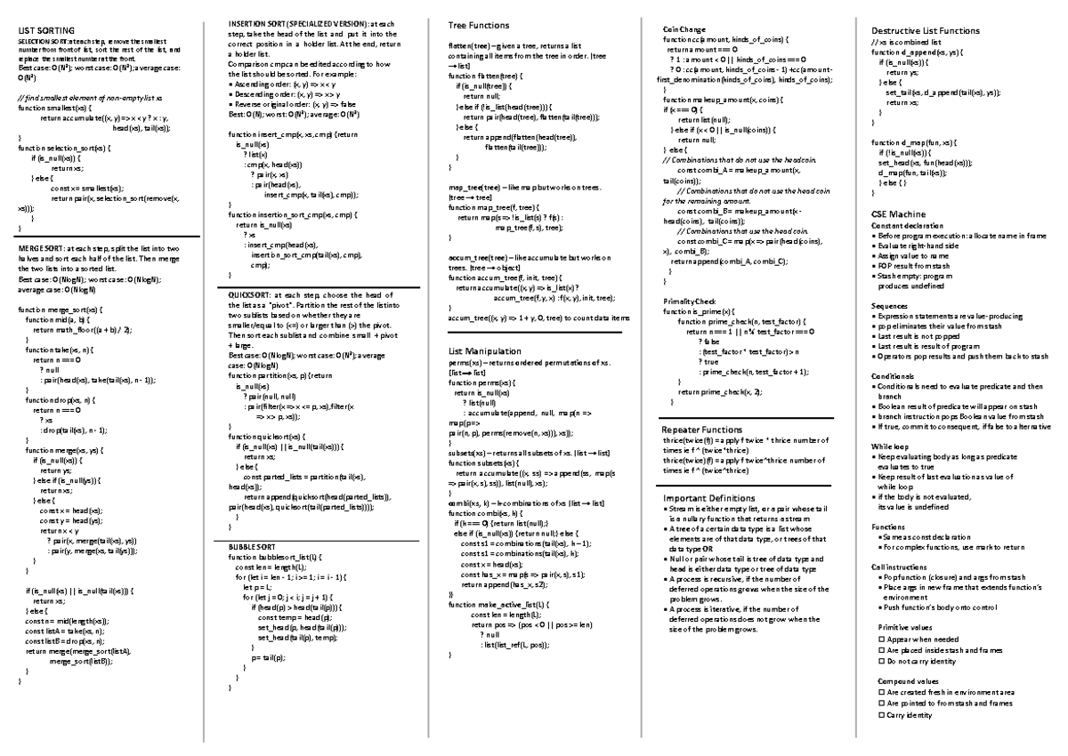 CS1101S Finals Cheatsheet - LIST SORTING SELECTION SORT: at each step, remove the smallest ...