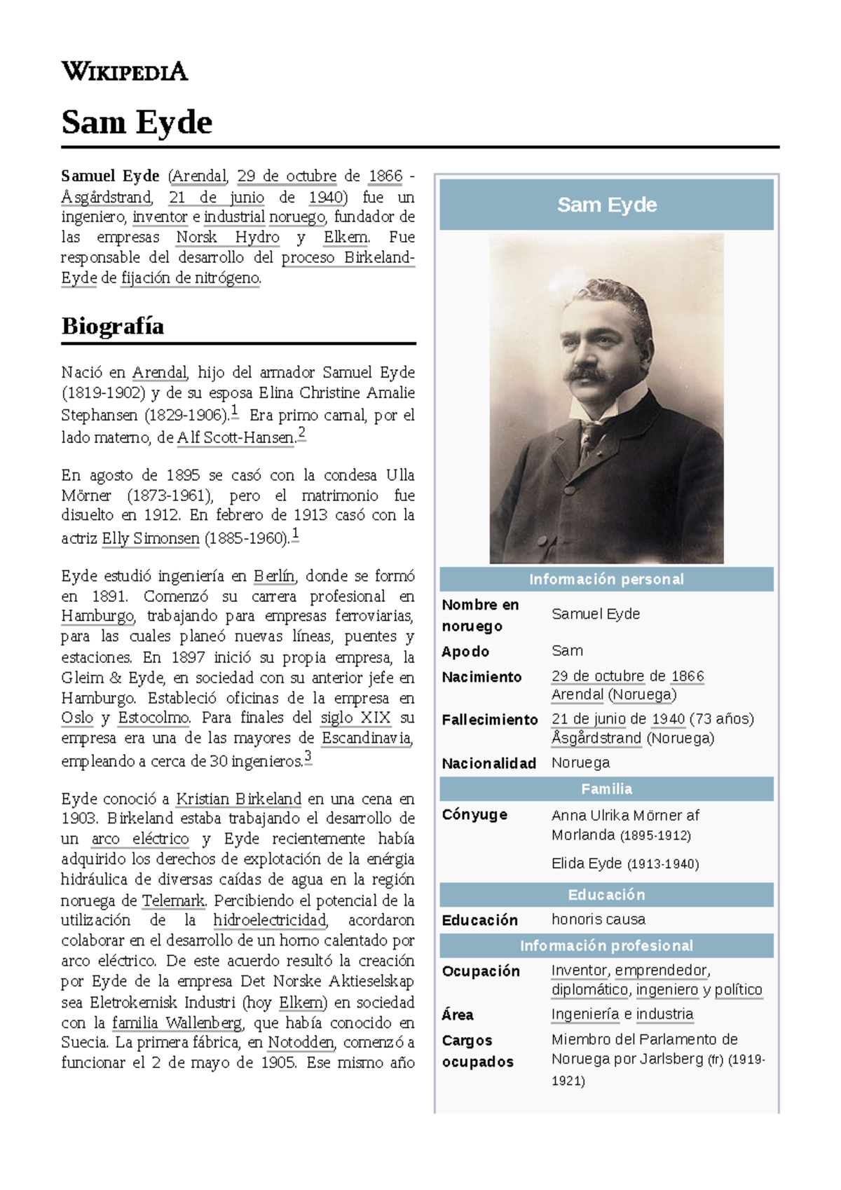 Sam Eyde - WIKIPEDIA - Sam Eyde Información personal Nombre en noruego ...