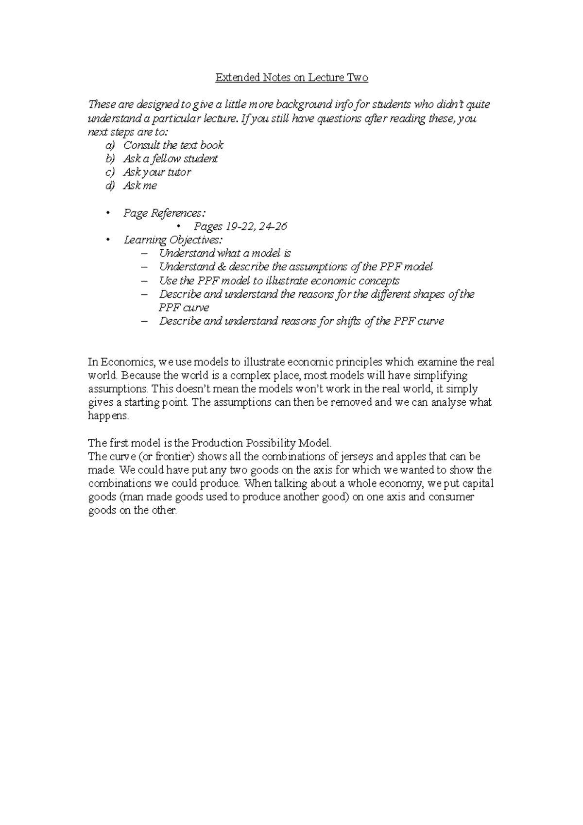 Lecture 2 - Summary on –Understand & describe the PPF model - Extended ...