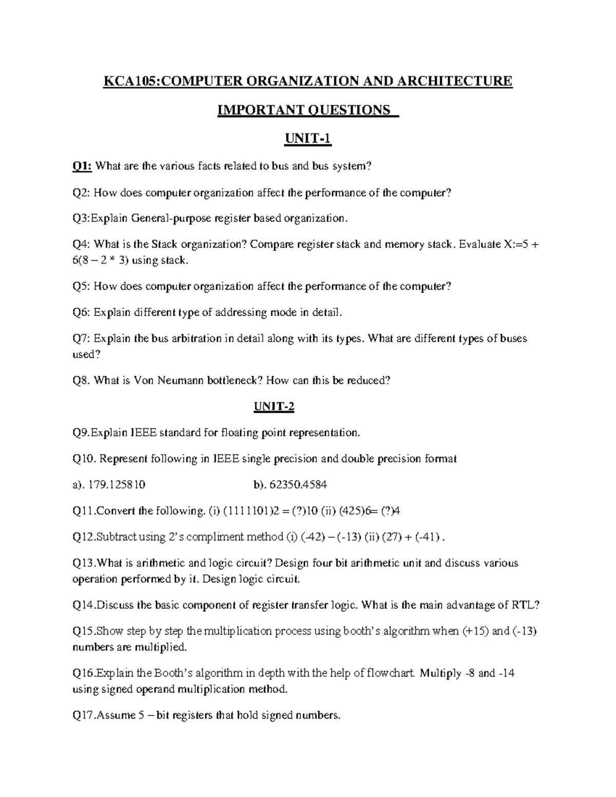COA Important Questions - KCA105:COMPUTER ORGANIZATION AND ARCHITECTURE IMPORTANT QUESTIONS UNIT ...