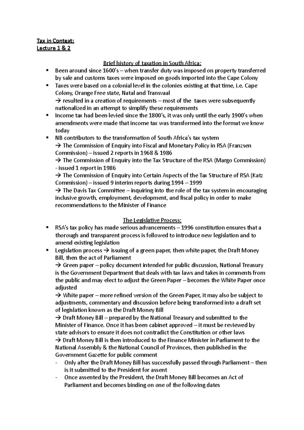 LA 1 - Tax in Context - In-depth notes made using the lecture notes and ...