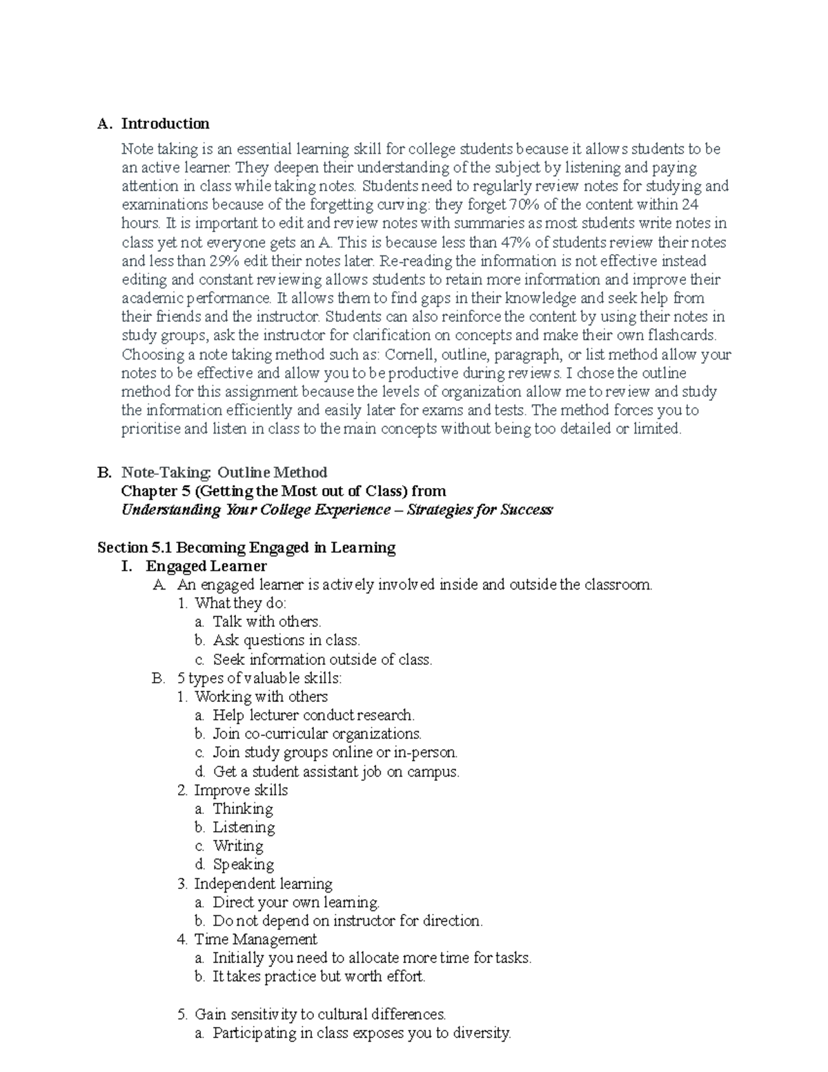 Chapter 5 EDUC 1300 - A. Introduction Note taking is an essential ...