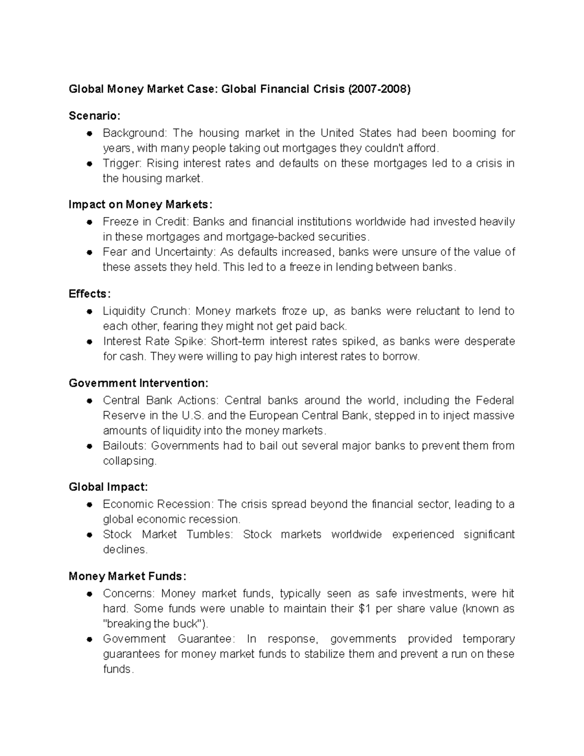 Cases OF Money Markets - Global Money Market Case: Global Financial ...