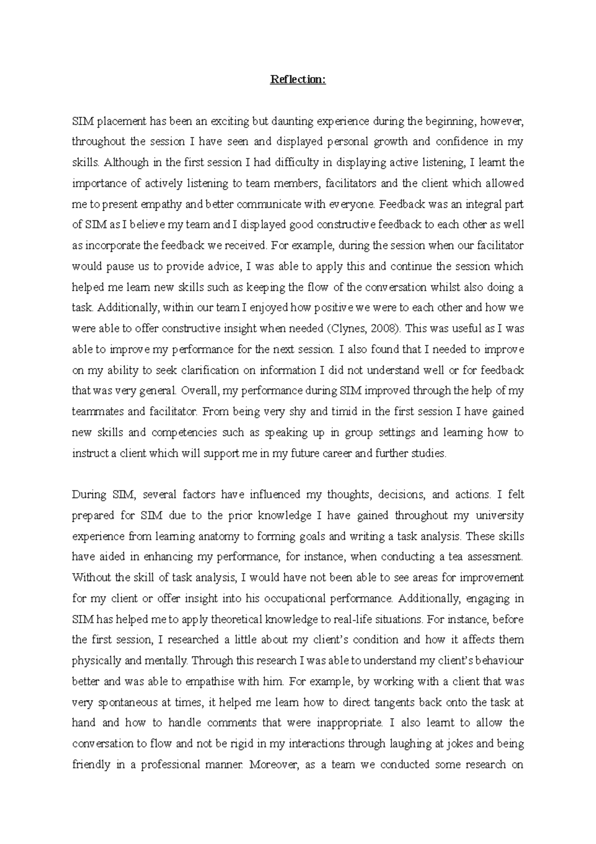 Reflection part 1 - notes for ot - Reflection: SIM placement has been ...