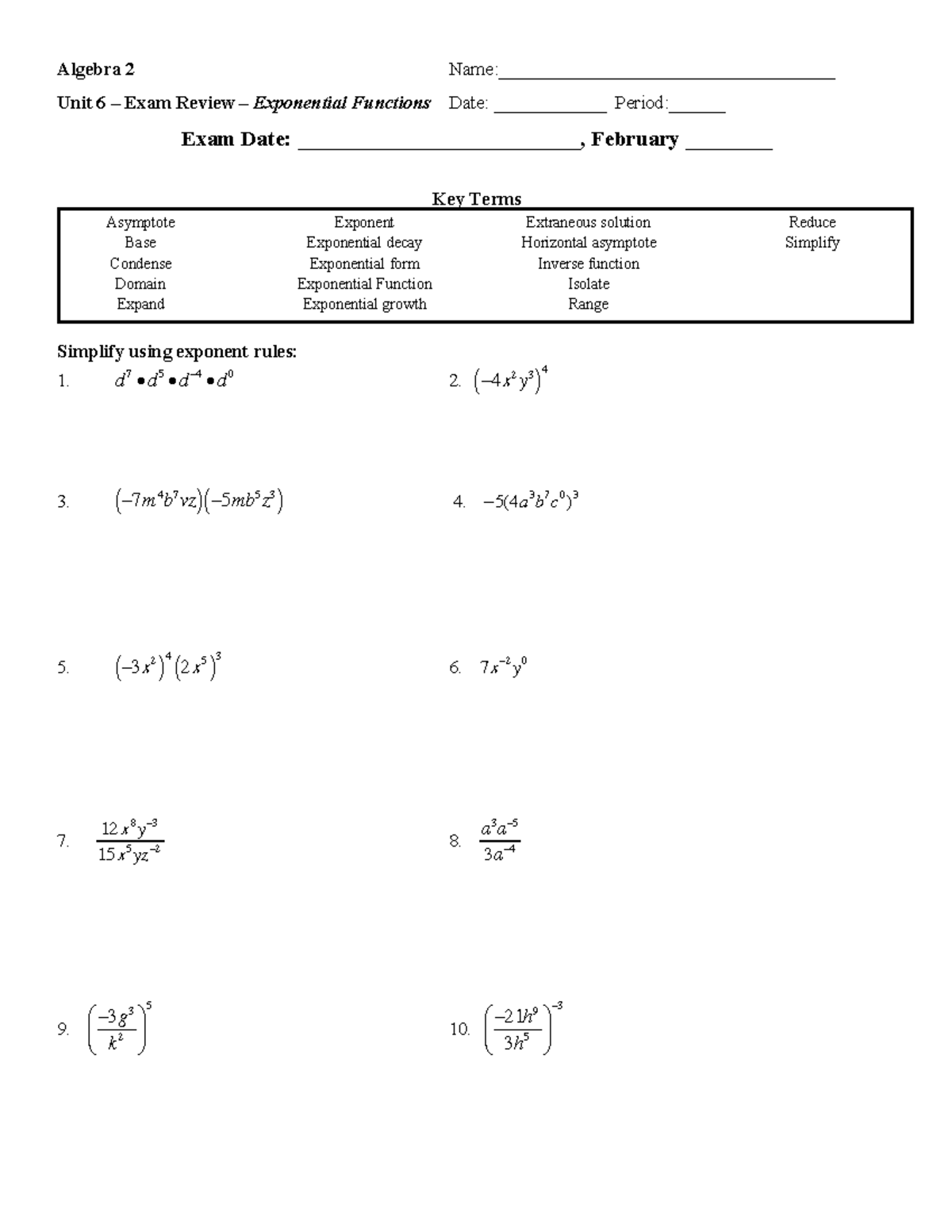 U6 Review Packet - trt - Algebra 2 Name ...