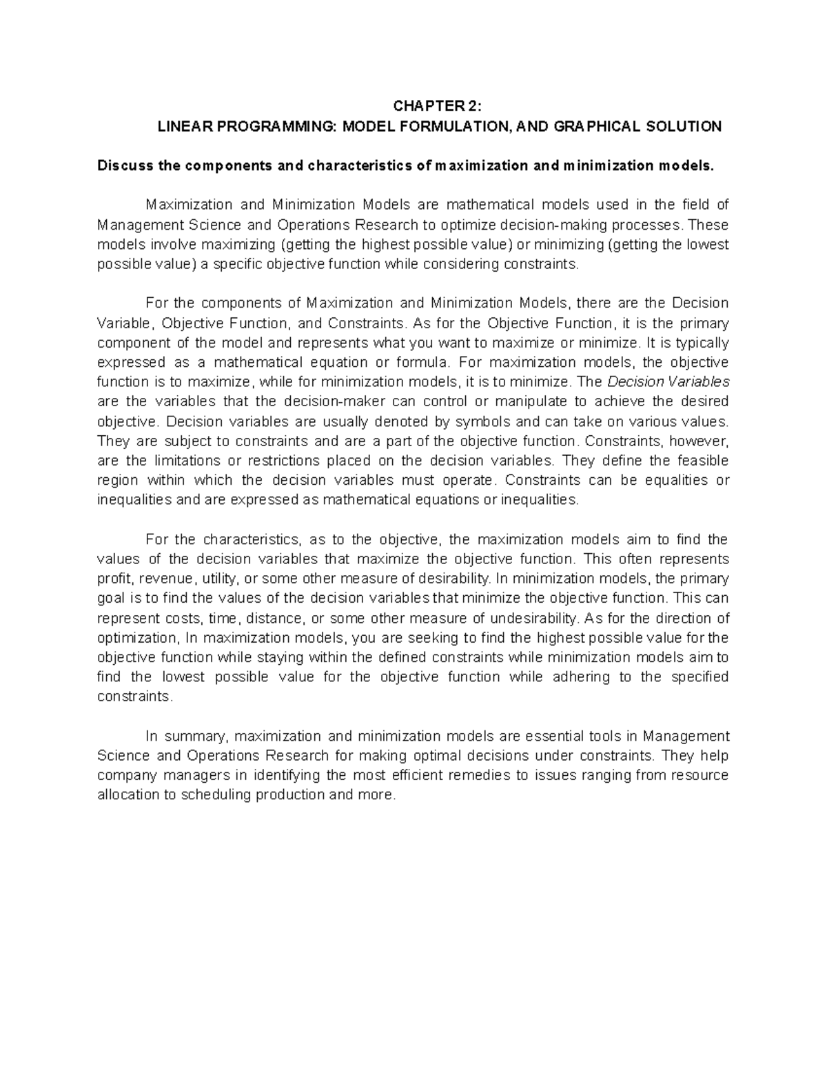 Chapter 1 Management Science - CHAPTER 2: LINEAR PROGRAMMING: MODEL FORMULATION, AND GRAPHICAL ...