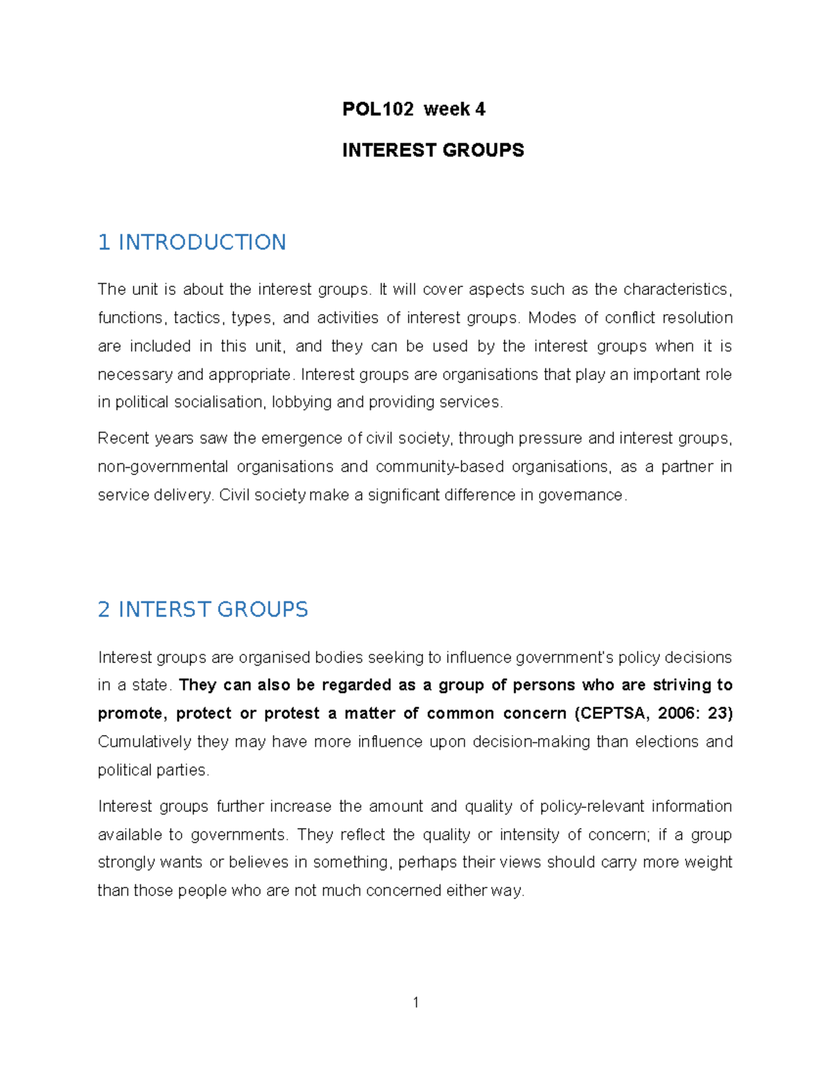 POL102 Interest groups - POL102 week 4 INTEREST GROUPS 1 INTRODUCTION The unit is about the ...