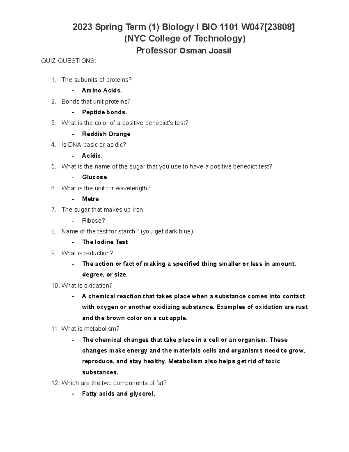 QUIZ Questions - Final Review for Professor Osman Joasil - 2023 Spring ...