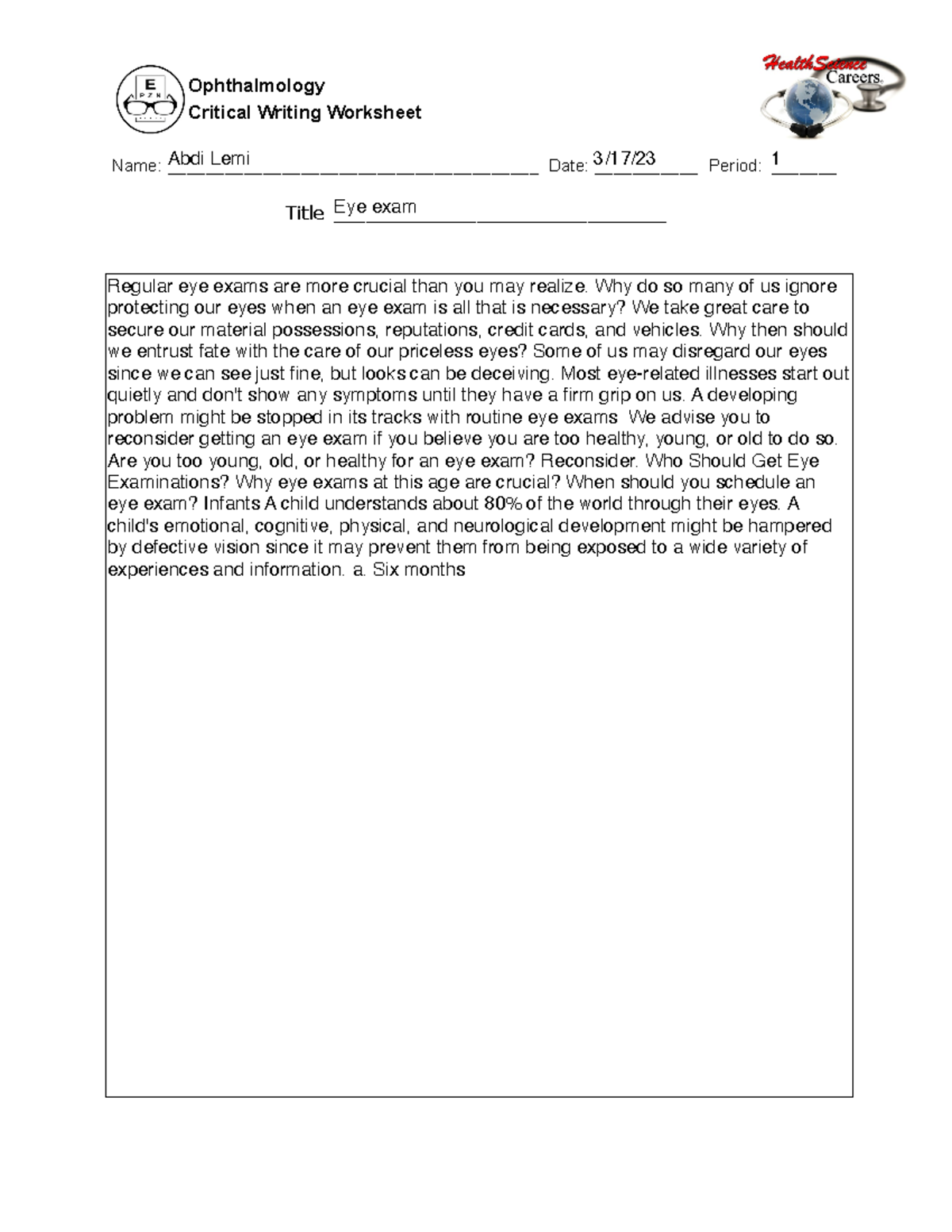 Critical Writing Worksheet-5 - Name ...