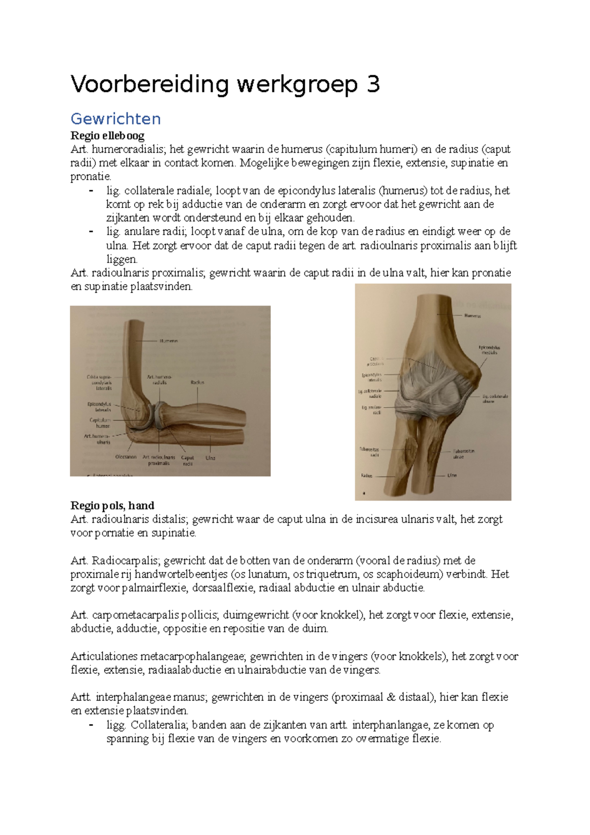 Anatomie in vivo werkgroep 3 - Voorbereiding werkgroep 3 Gewrichten Regio elleboog Art ...