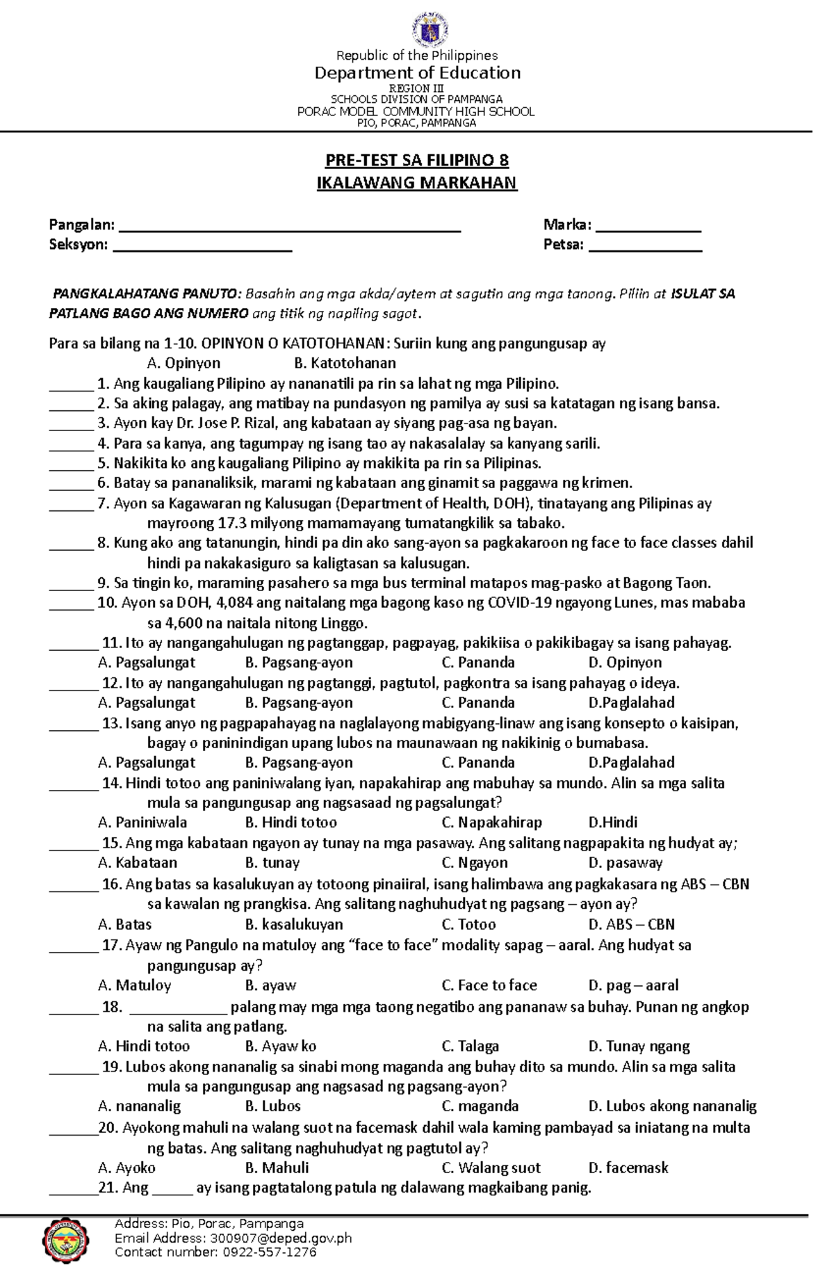 Ikalawang Sumatibong Pagsusulit SA Filipino 8 - Republic of the Philippines Department of ...
