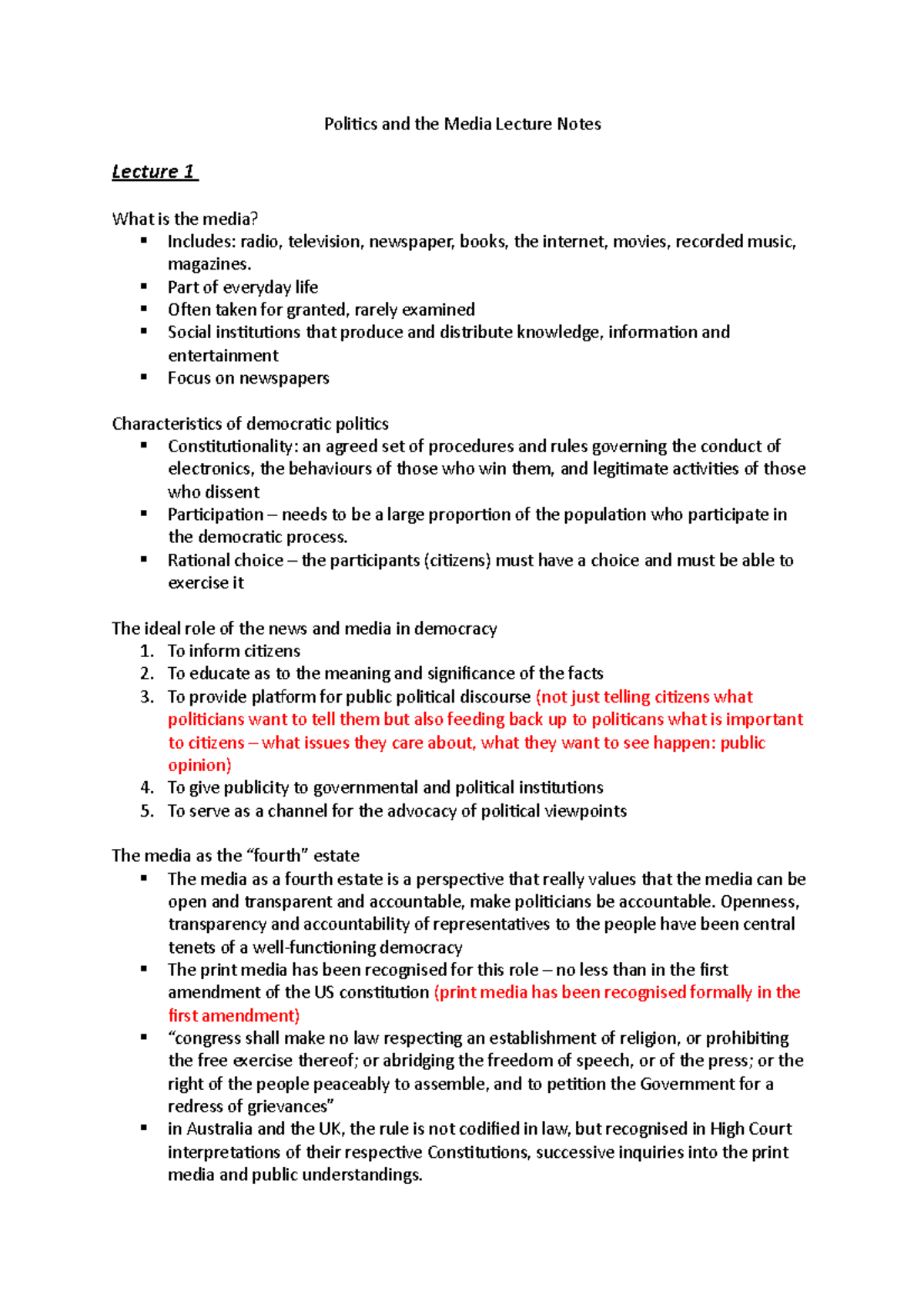 Politics and the Media Lecture Notes - Politics and the Media Lecture ...