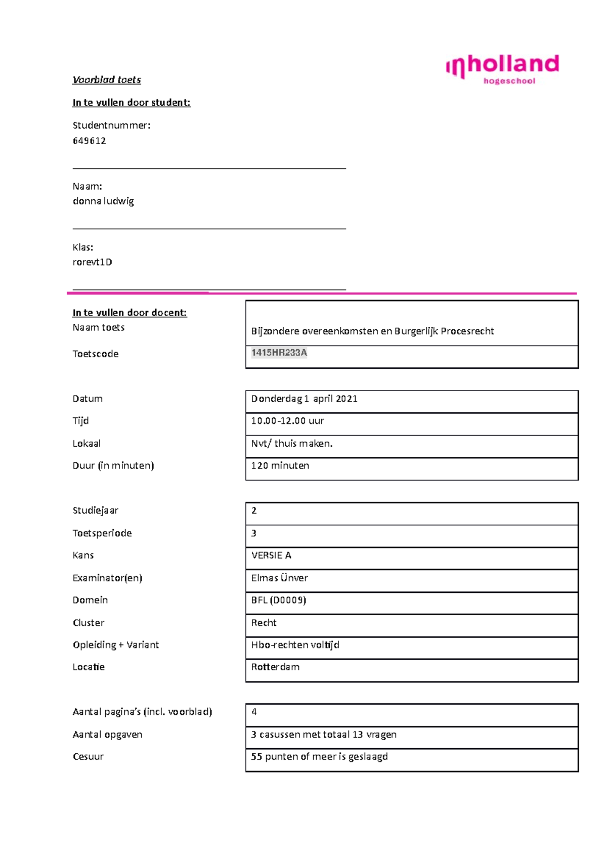 Toets Process - ,m n - Voorblad toets In te vullen door student ...