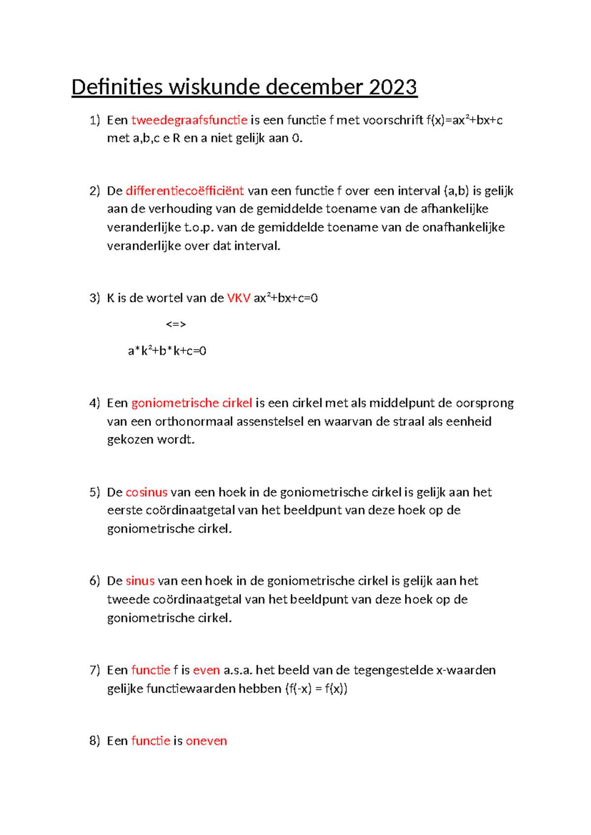 Definities wiskunde december 2023 - 2) De differentiecoëfficiënt van ...