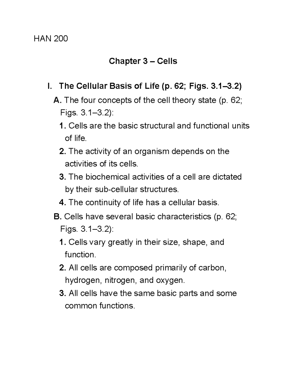 HAN 200 Lecture #3 Notes - HAN 200 Chapter 3 – Cells I. The Cellular ...