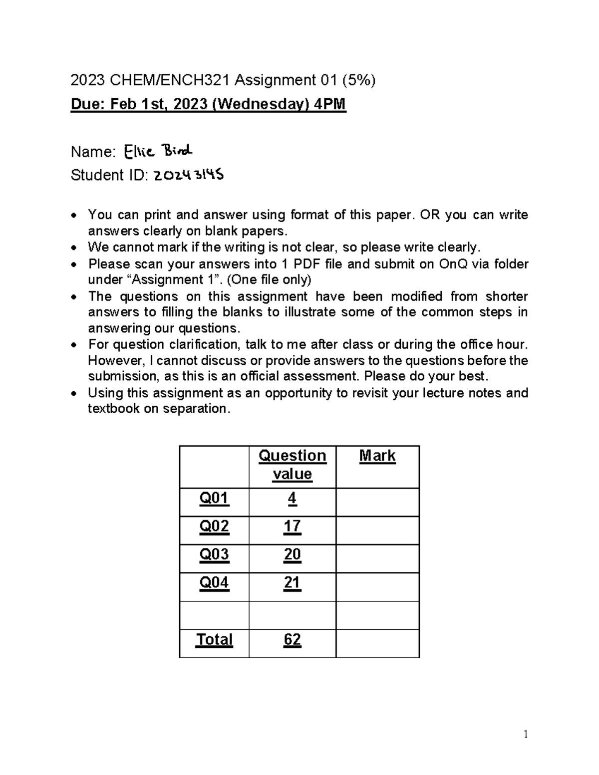 CHEM 321 Assignment 1 2023W Feb 1st - Chem 321 - queensu - Studocu