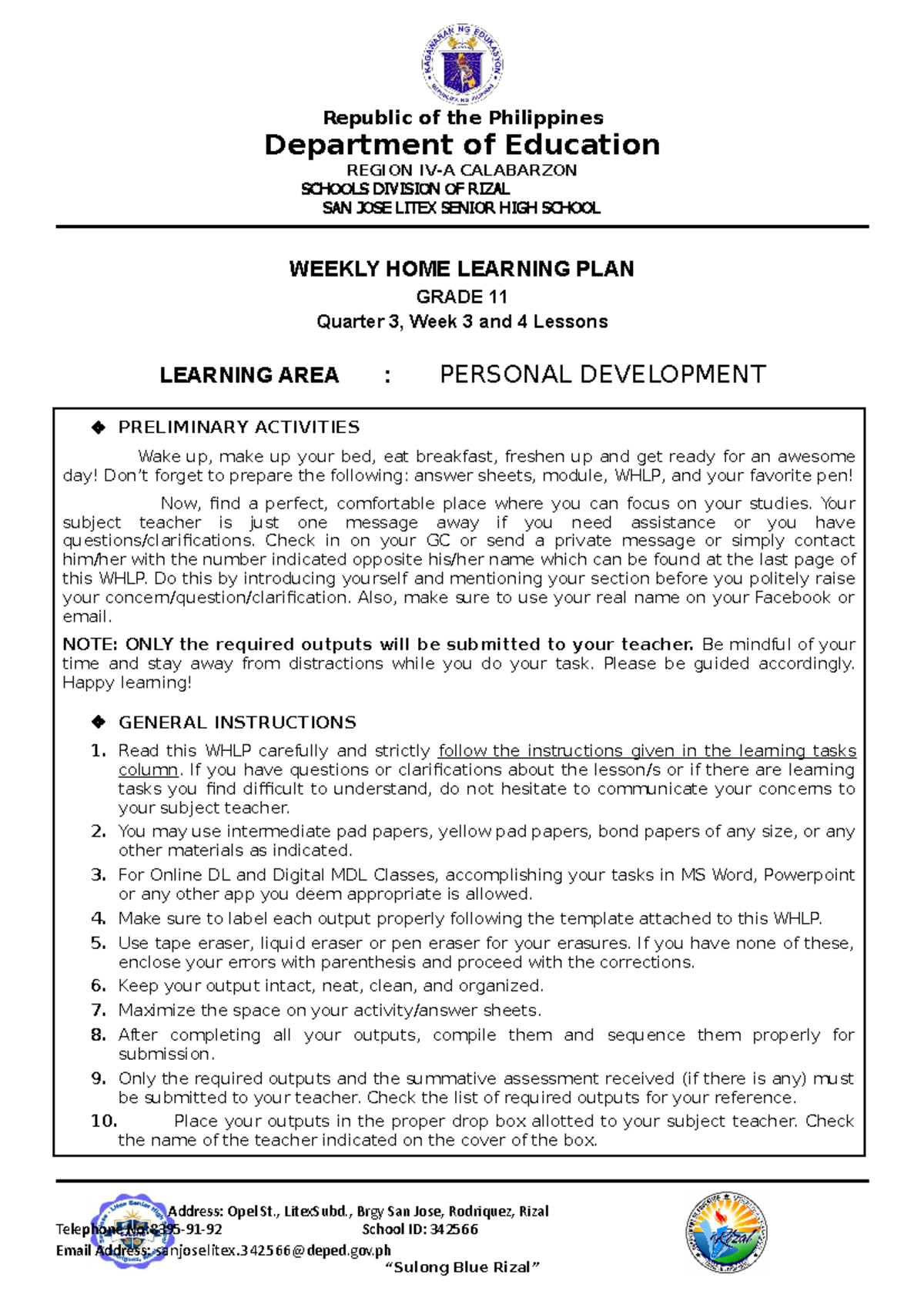 WHLP Perdev WEEK 3-4 MELC 9-14-1 - Republic of the Philippines Department of Education REGION IV ...