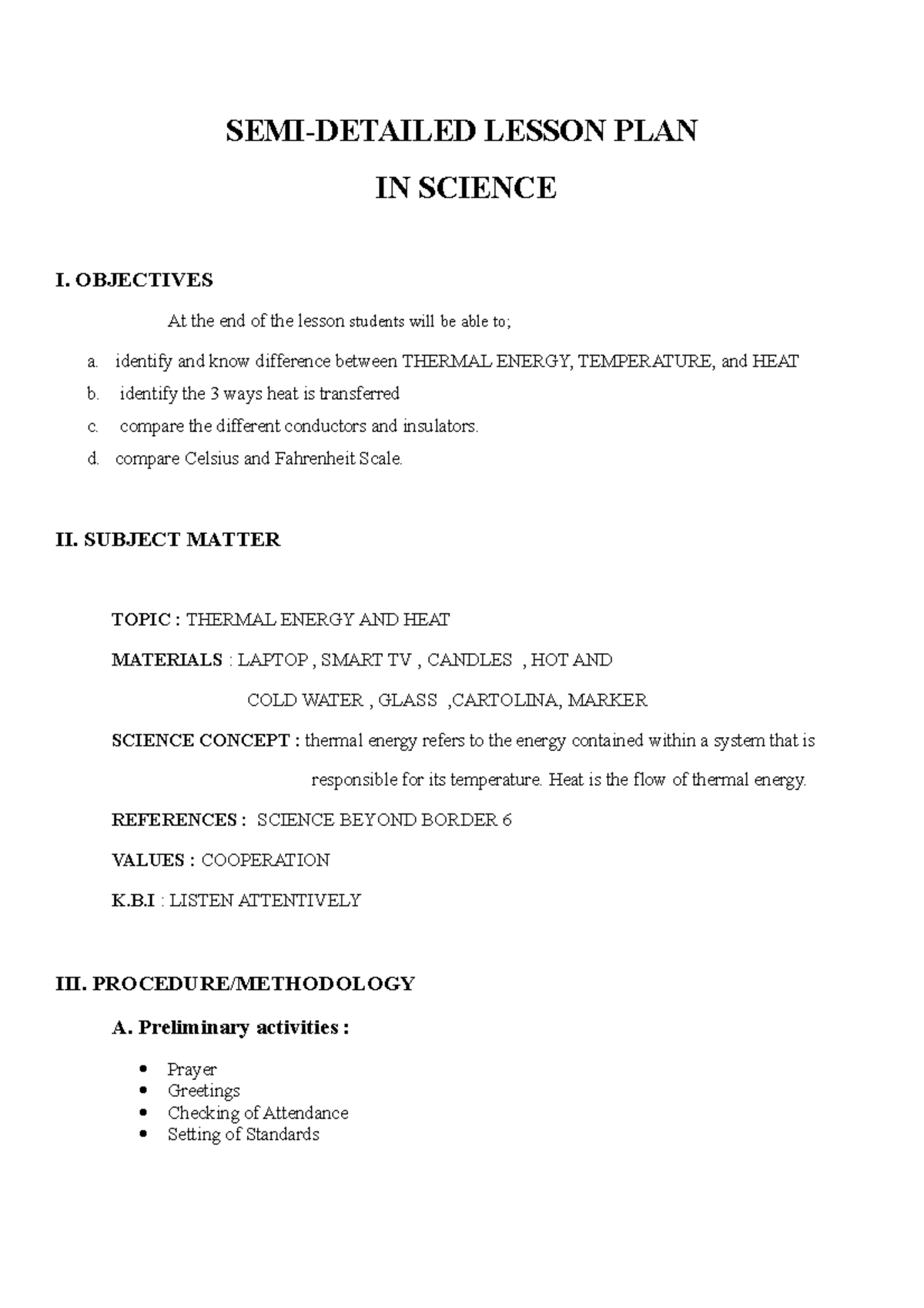 Thermal Energy AND HEAT Lesson plan SEMI DETAILED LESSON PLAN IN thermal-energy-and-heat-lesson-plan-semi-detailed-lesson-plan-in