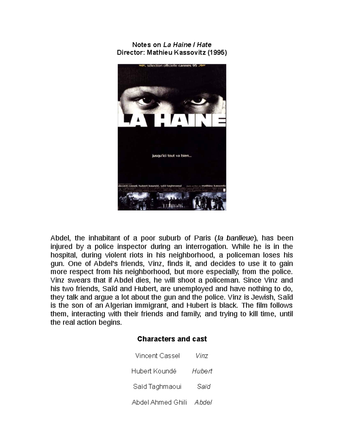 Lecture notes, lecture la haine film sheet - Notes on La Haine Hate ...
