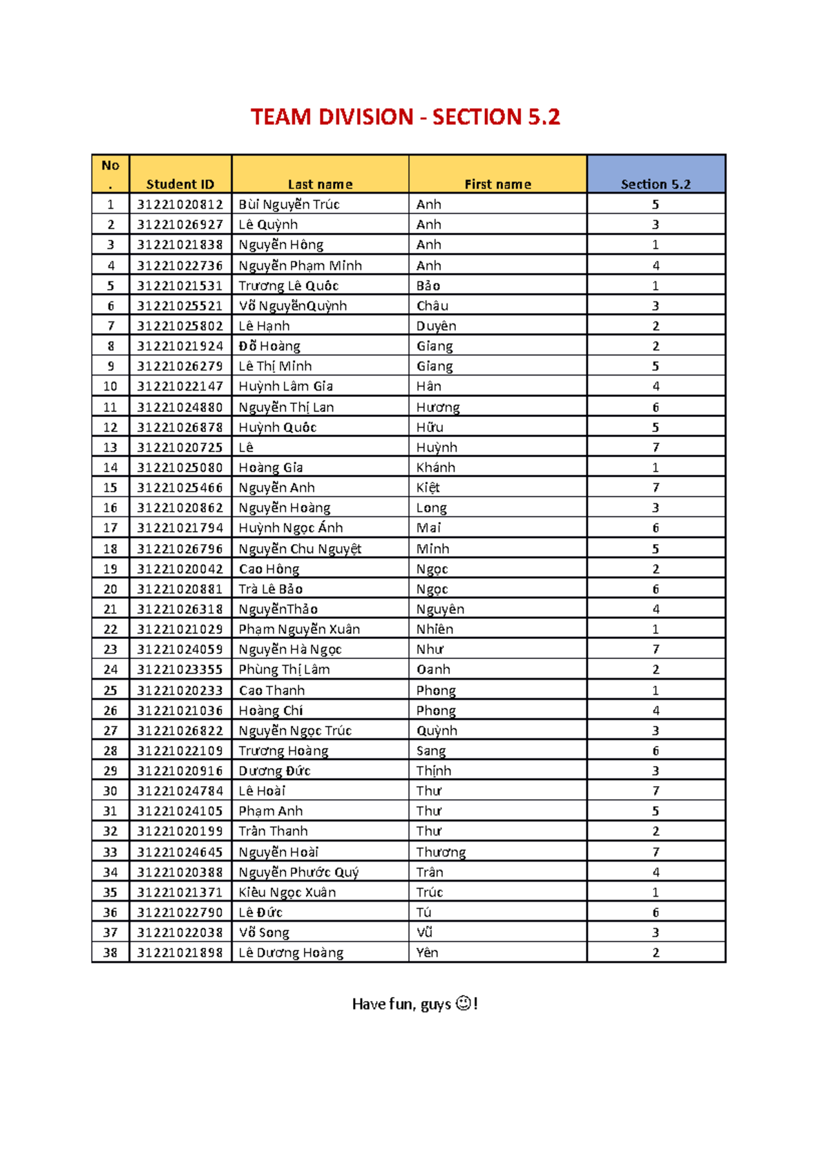 TEAM Division- Section 5 - No - TEAM DIVISION - SECTION 5. - Student ID ...