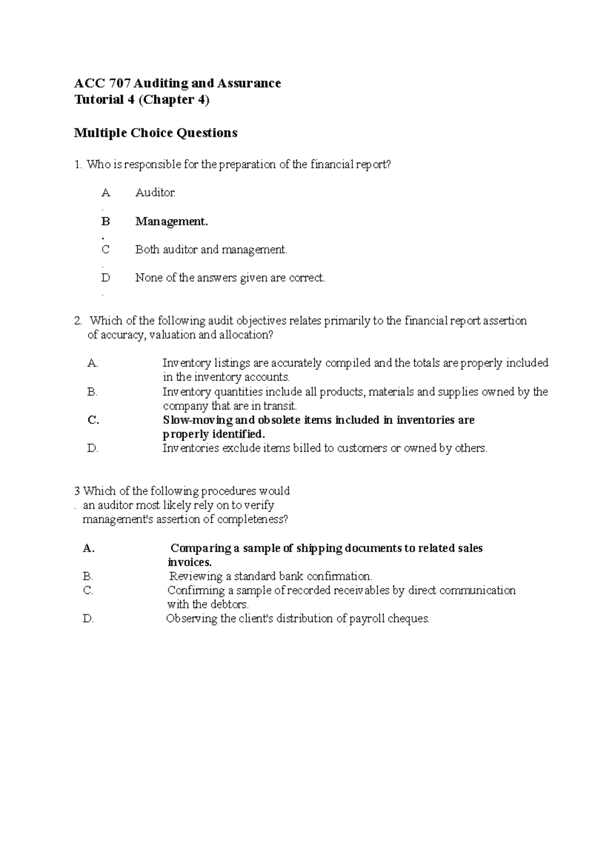 Tutorial 4 Assurance and Auditing Solutions - ACC 707 Auditing and ...