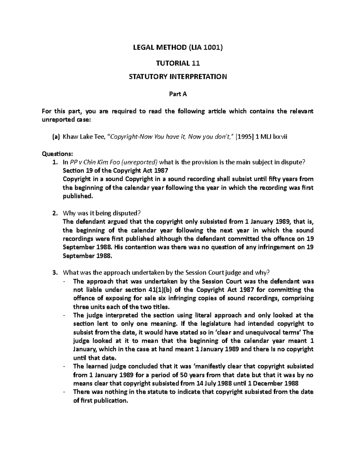 Tutorial 11 Statutory Interpretation - LEGAL METHOD (LIA 1001) TUTORIAL 11 STATUTORY ...
