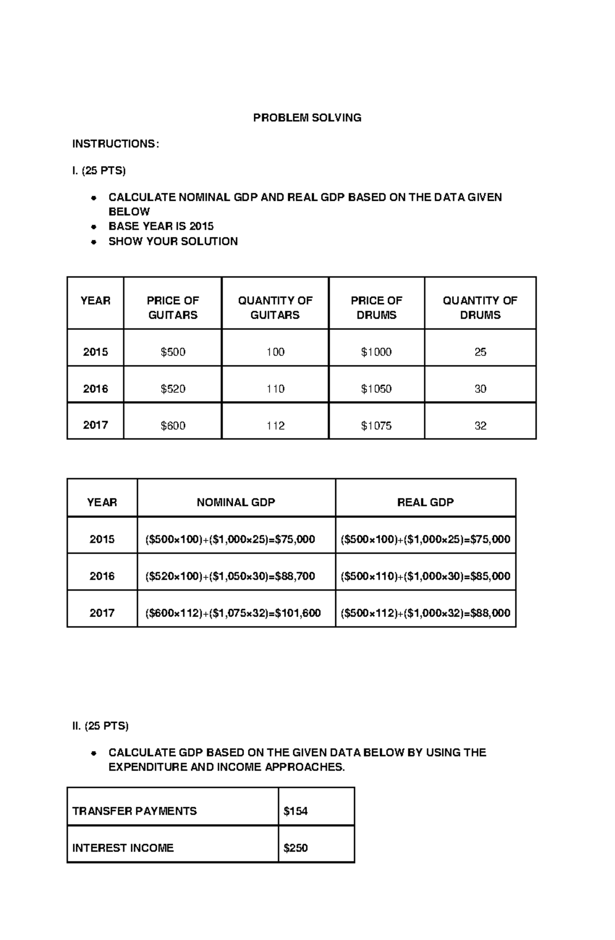 Nominal GDP AND REAL GDP - PROBLEM SOLVING PROBLEM SOLVING INSTRUCTIONS: I. (25 PTS) CALCULATE ...