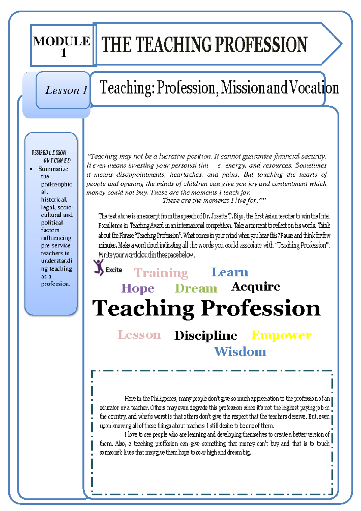 Lesson 1 Teaching-Profession-Mission and Vocation - Lesson 1 THE TEACHING PROFESSION Teaching ...