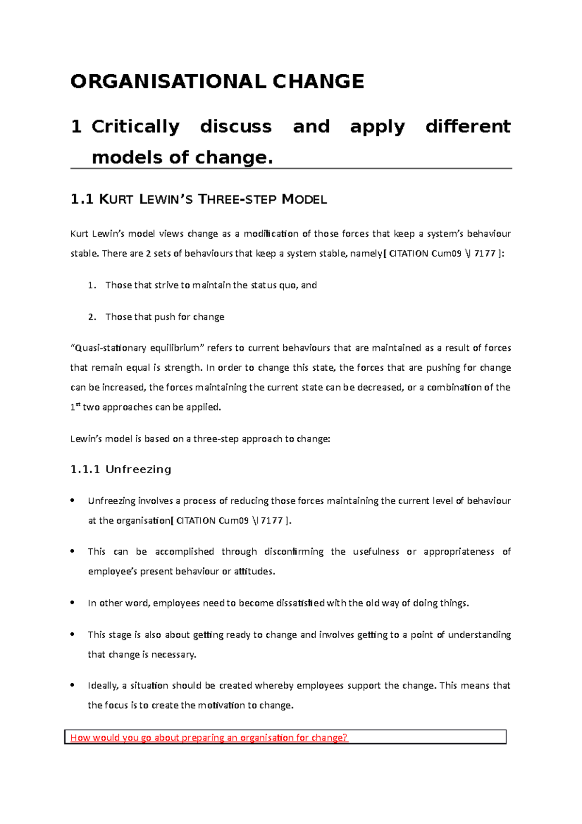 Organisational change Summary - ORGANISATIONAL CHANGE 1 Critically ...