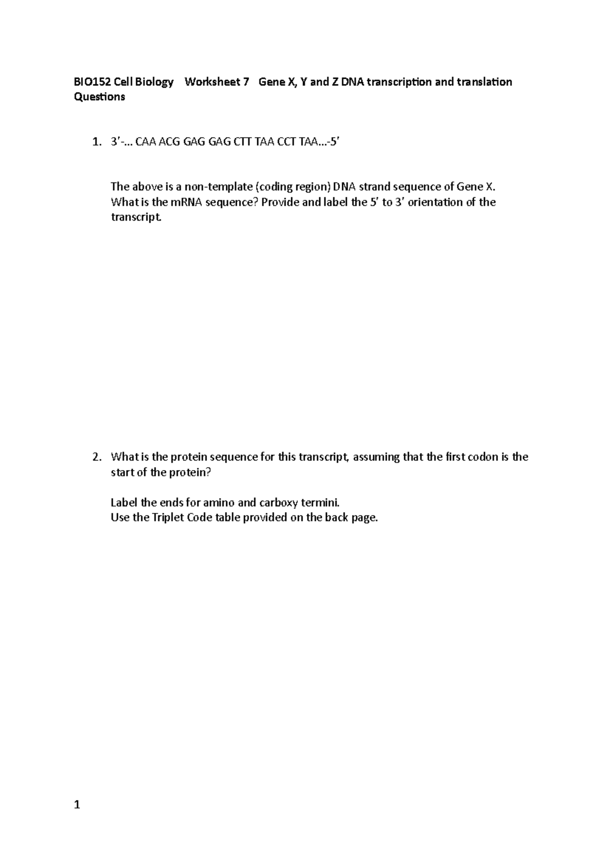 Worksheet 7 DNA transcription and translation Questions - BIO152 Cell ...