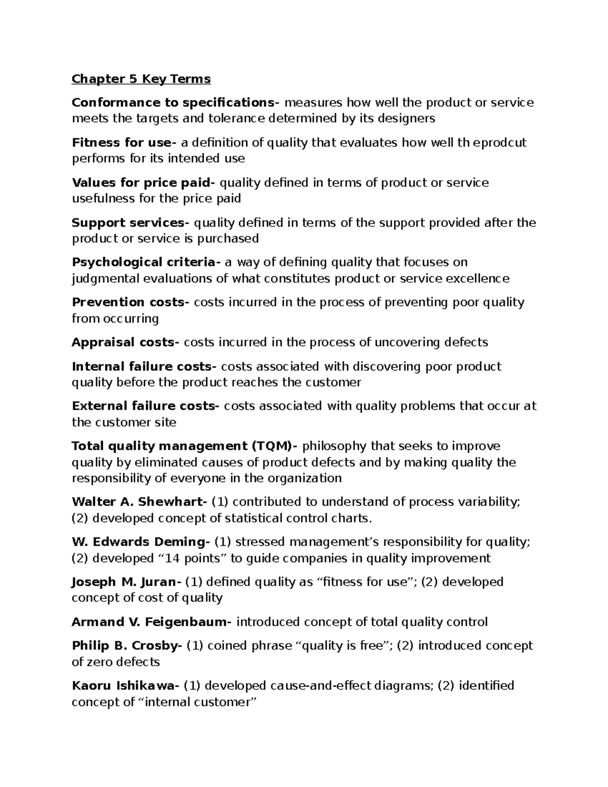 Chapter 5 Key Terms - Chapter 5 Key Terms Conformance to specifications ...