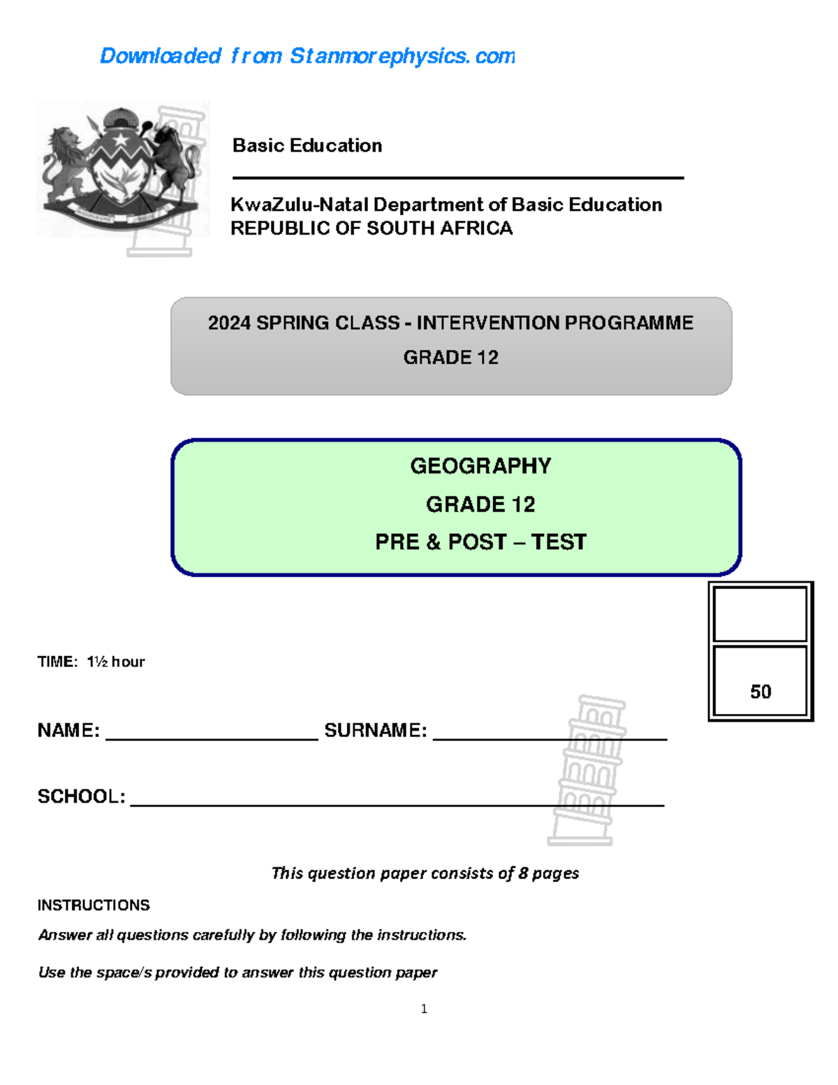 KZN Geography Grade 12 Spring Intervention 2024 And Memo - TIME: 1 ½ ...