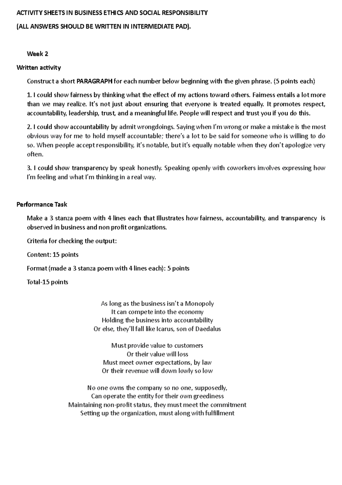 2nd Business Ethic - ACTIVITY SHEETS IN BUSINESS ETHICS AND SOCIAL ...