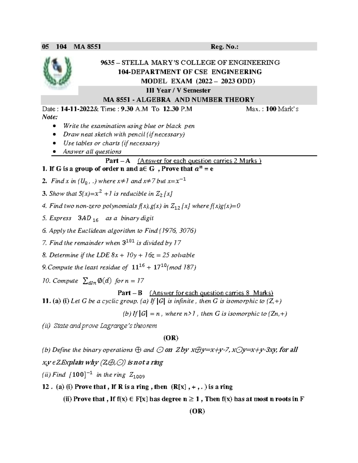 Maths model exam qn - 05 104 MA 8551 Reg. No.: 9635 – STELLA MARY’S ...