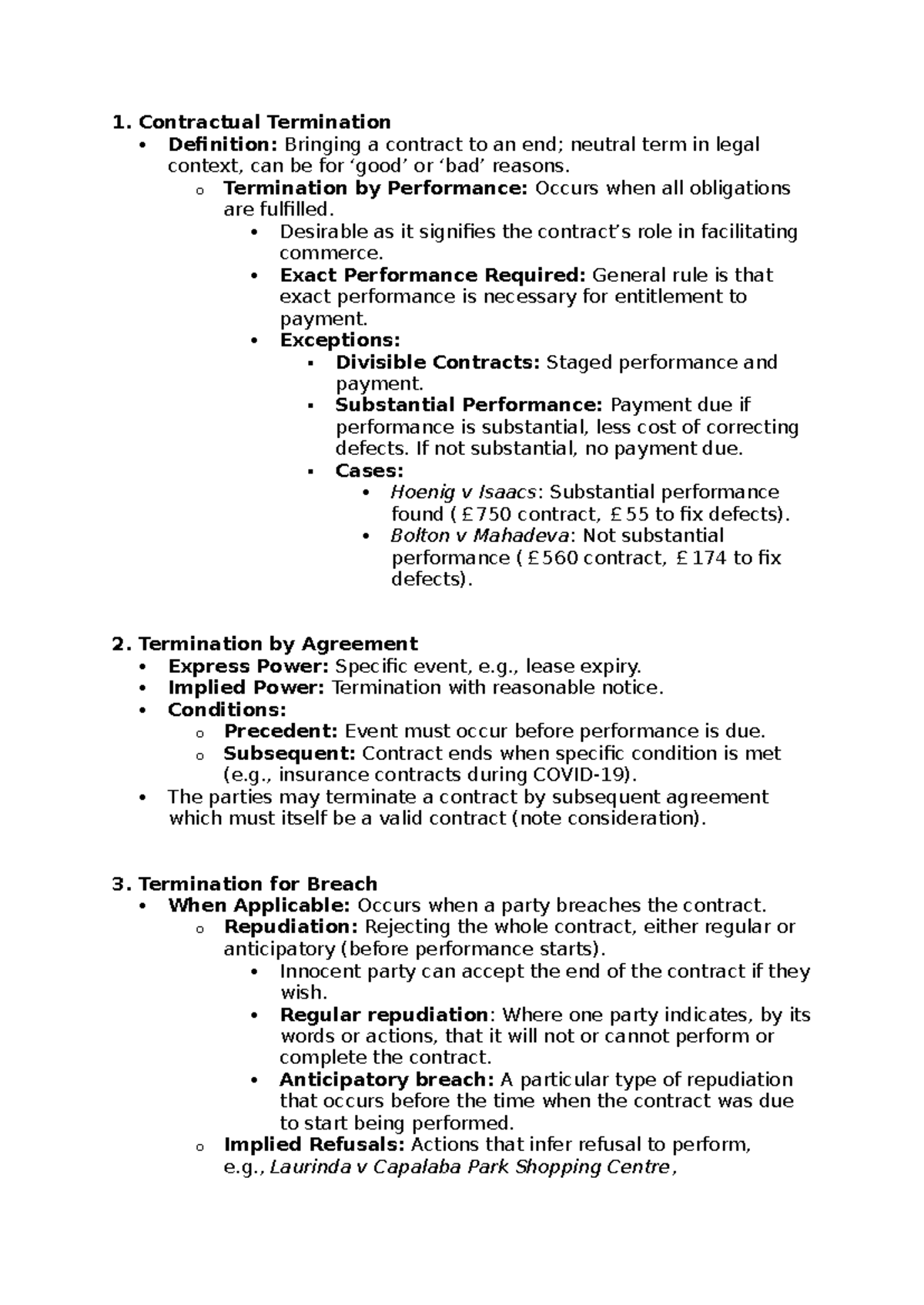 Termination - Lecture notes. - 1. Contractual Termination Definition ...