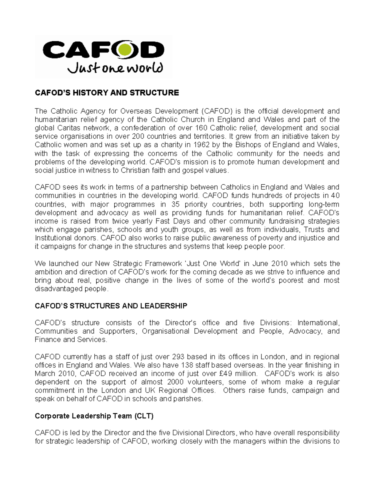 Cafod History and Structure - CAFOD’S HISTORY AND STRUCTURE The ...
