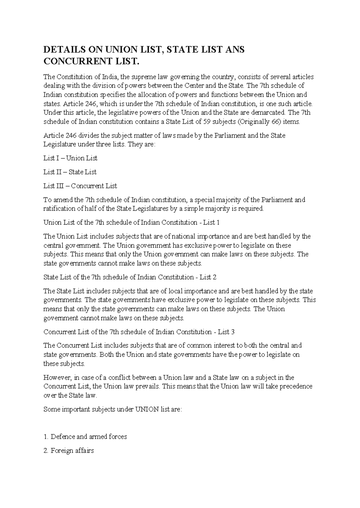 Details ON Union LIST - Summary Political Science - DETAILS ON UNION ...