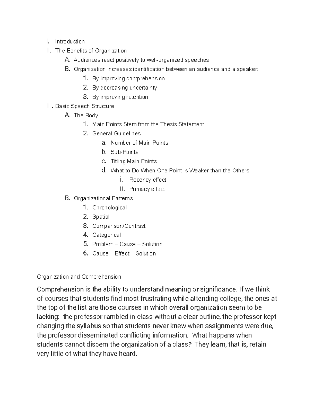 Lesson 3 Com 129 - I. Introduction II. The Benefits of Organization A ...
