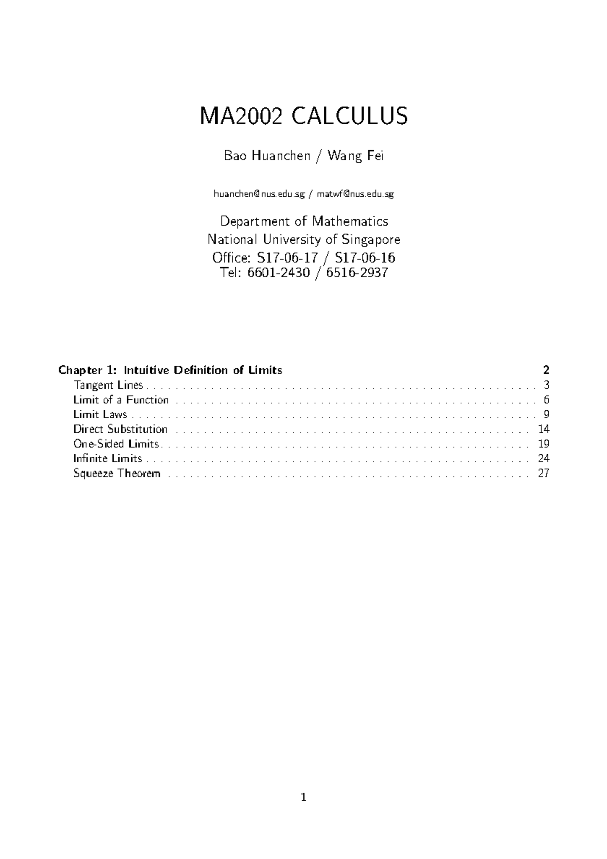 MA2001-Chapter 1 - have fun - MA2002 CALCULUS Bao Huanchen / Wang Fei huanchen@nus.edu / - Studocu
