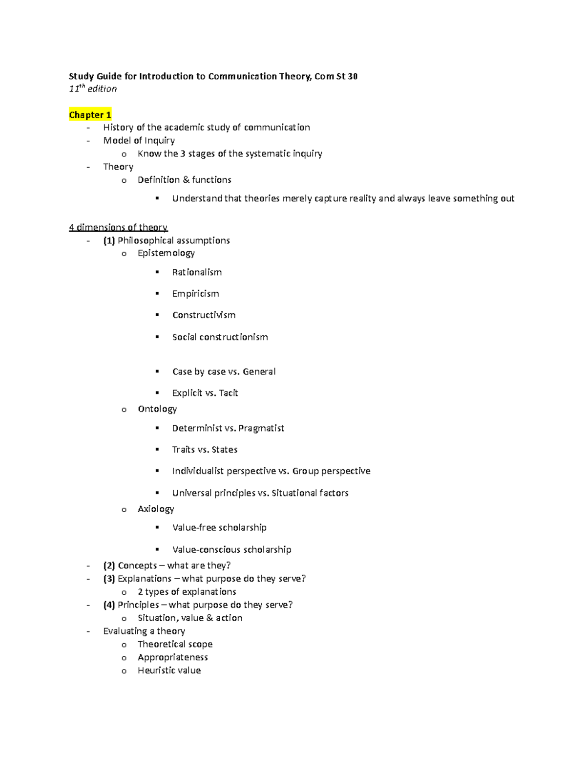 Study Guide for Introduction to Communication Theory, Com St 30 ...