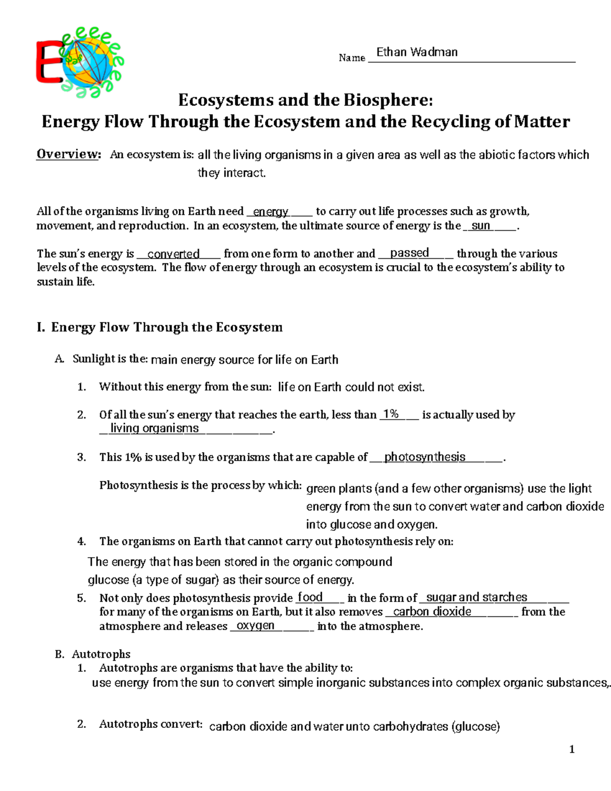 Ethan Wadman - 2 Energy Flow and Matter Recycling Student Notes - Name ...