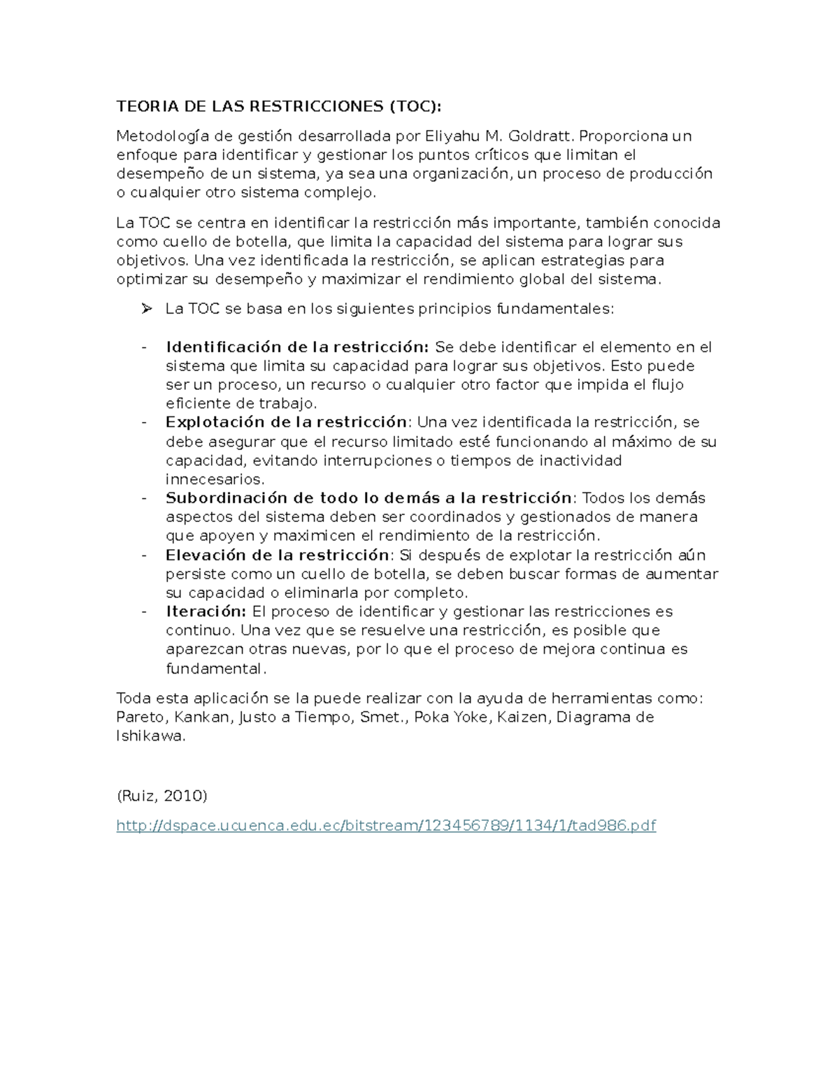 Teoria DE LAS Restricciones - TEORIA DE LAS RESTRICCIONES (TOC): Metodología de gestión ...
