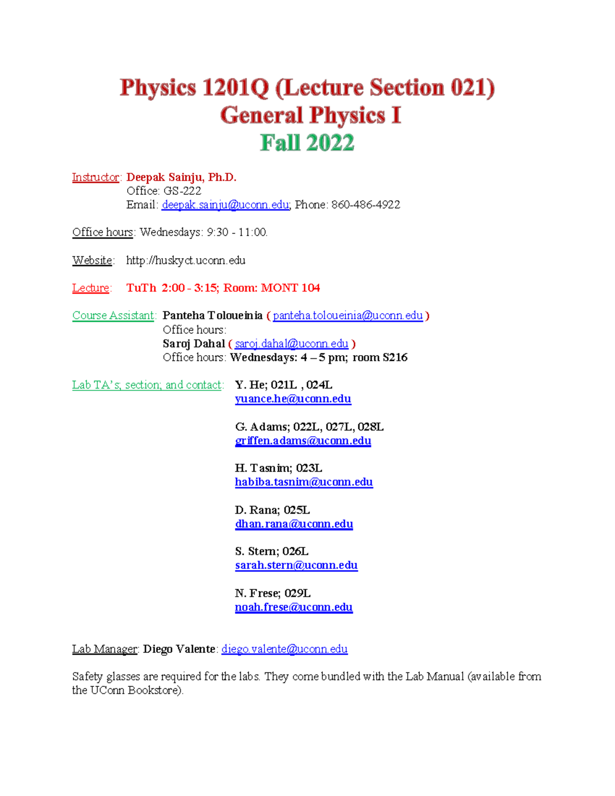 Phys 1201Q Fall 2022 - SYLLABUS AND EXAM DATE - Instructor: Deepak Sainju, Ph. Office: GS- 222 ...