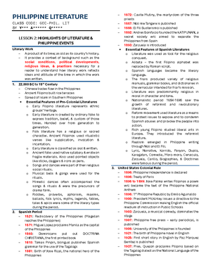 PHIL Lit 3 - Notes - PHILIPPINE LITERATURE CLASS CODE: GEC-PHIL. LIT BY ...