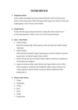 Teori sistem - Teori Sistem Sistem dapat diartikan sebagai kesatuan ...