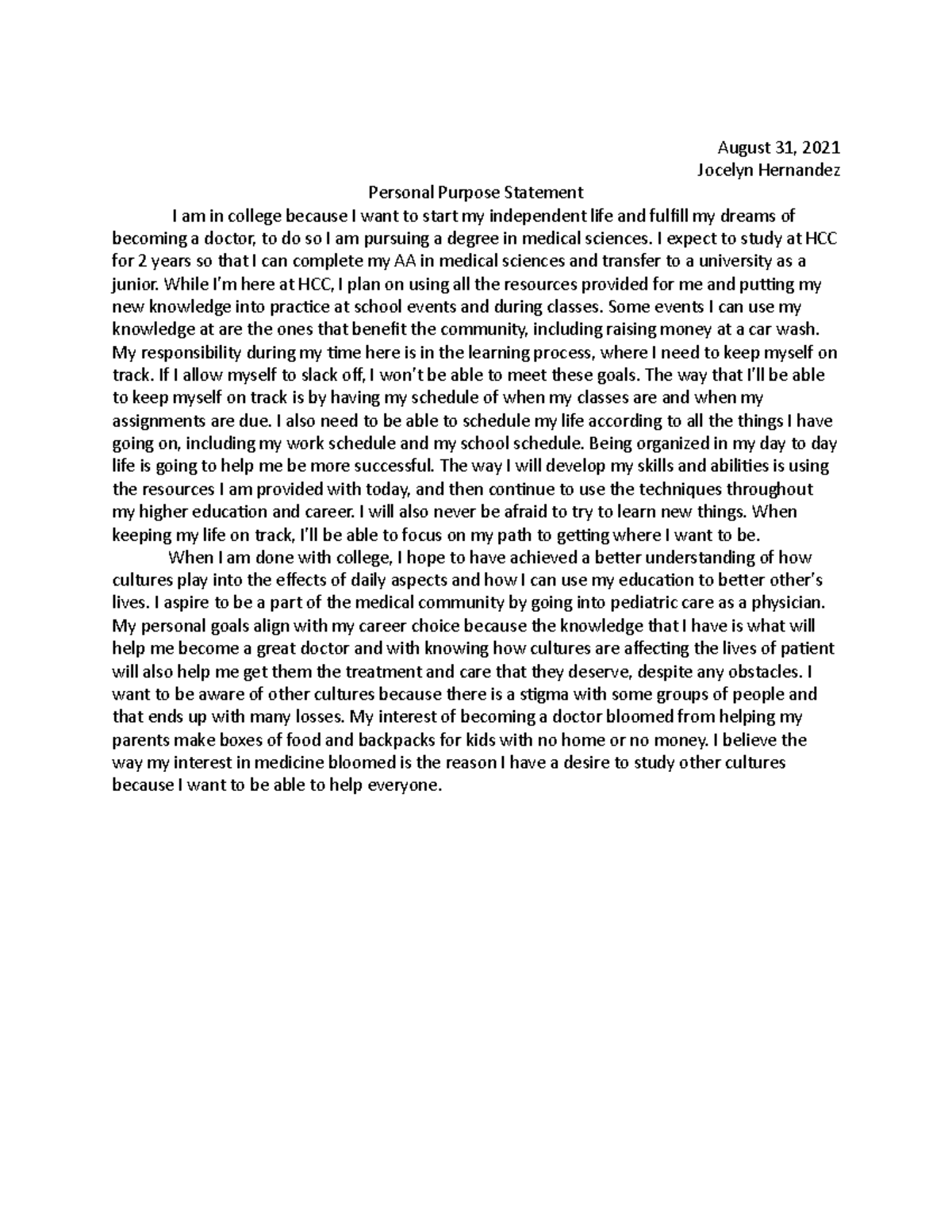 Personal Purpose Statement - August 31, 2021 Jocelyn Hernandez Personal ...