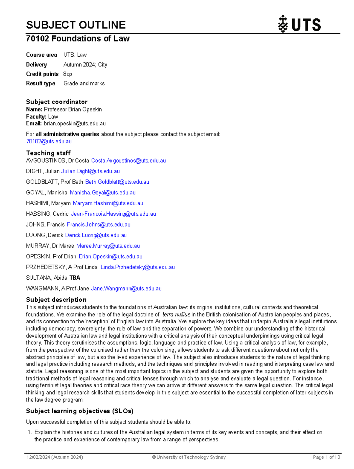 Foundations of Law - Subject Outline - SUBJECT OUTLINE 70102 ...