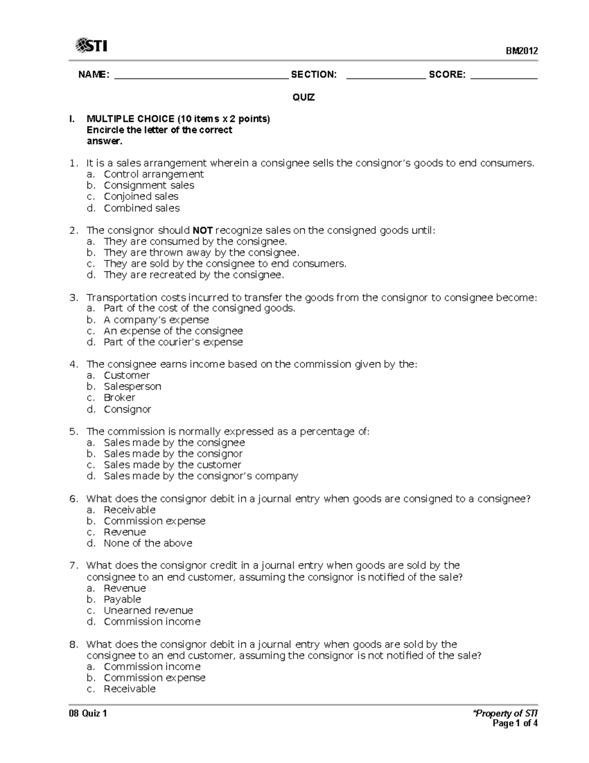 08 Quiz 1 - Special ransaction - 08 Quiz 1 *Property of STI NAME ...